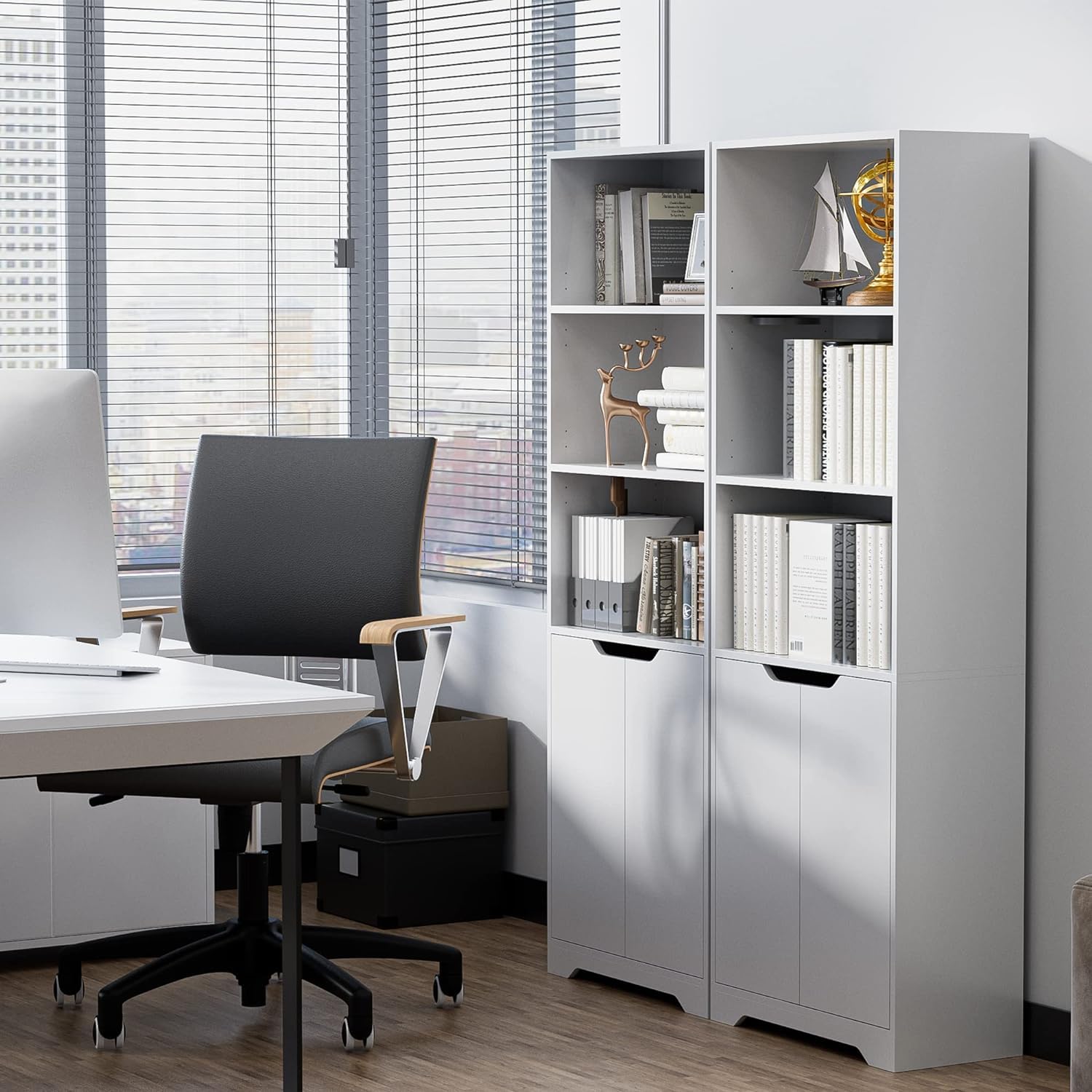 Cozy Castle Bookcase with Doors, 67" Bookshelf with Storage, Freestanding Book Shelf Door for Bedroom, Living Room, Office, White