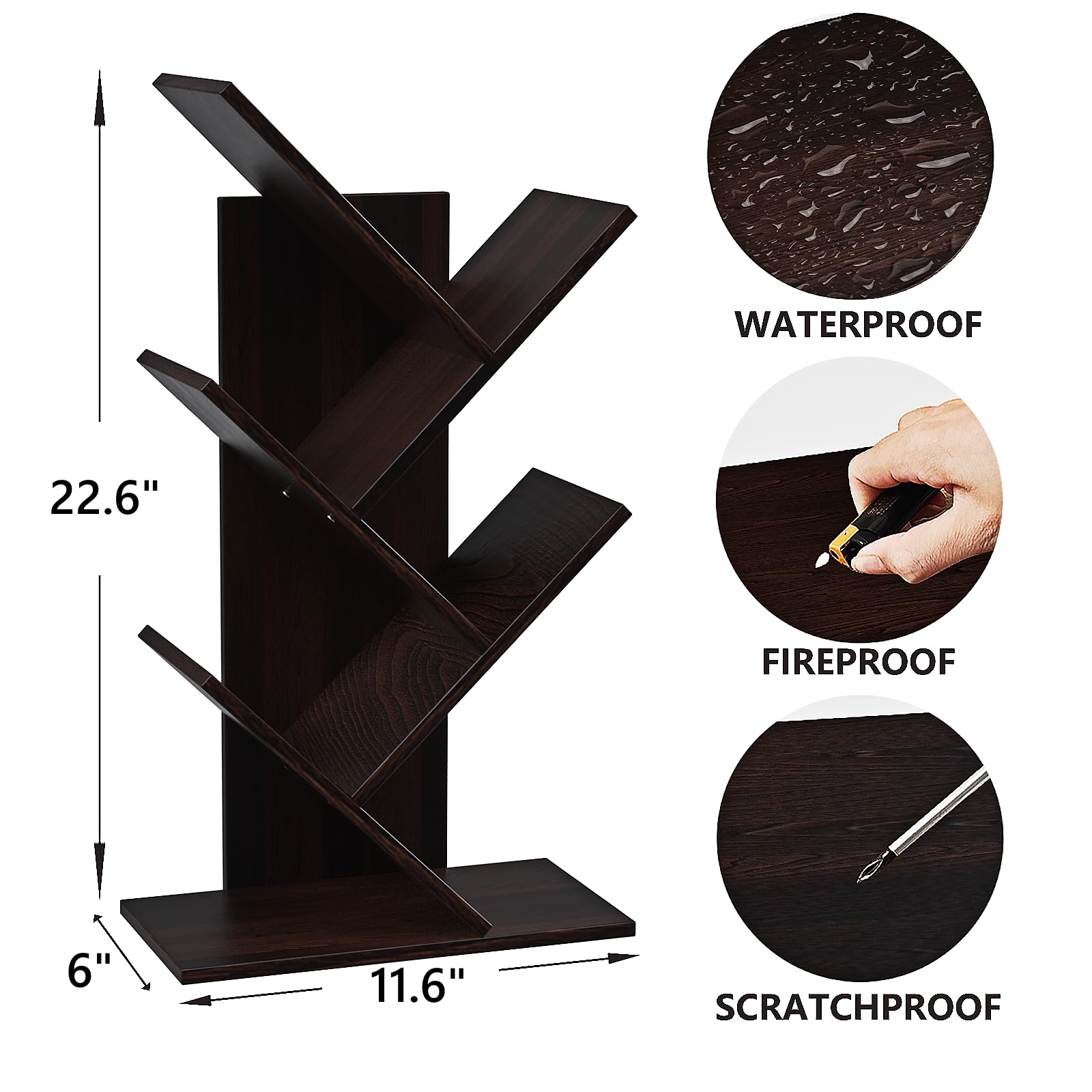 DFENGDF 5-Shelf Tree Bookshelf Free Standing Small Book Shelf Narrow Wood Bookcase Floor Standing Book Shelf Modern Book Storage Organizer for Home Office Bedroom Living Room Black