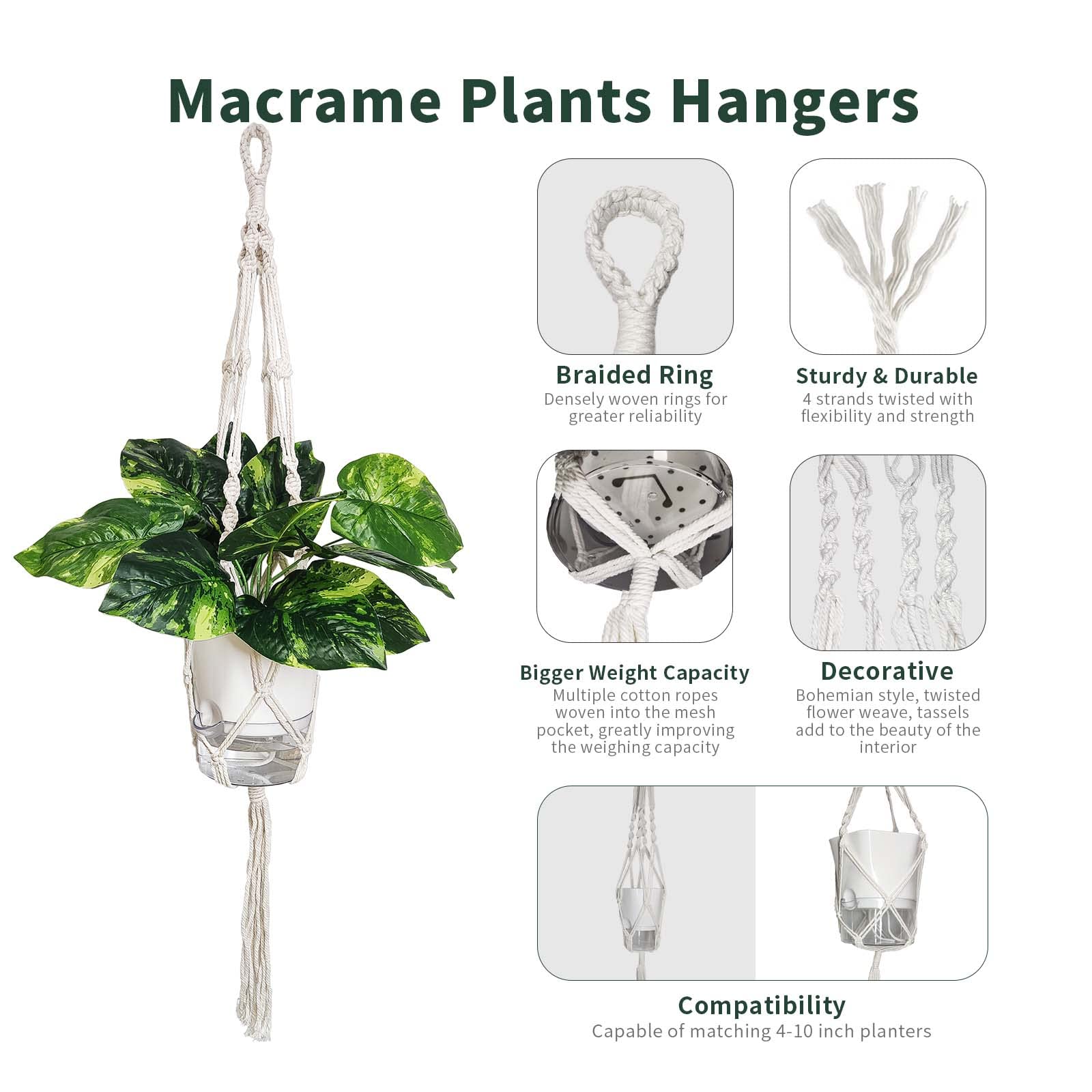 BERZGER 2 Pack Self Watering Hanging Planters for Indoor Plants, Macrame Plant Hangers Holders with Pots, 6'' Decorative Modern Plastic Planters with Drainages and Trays.