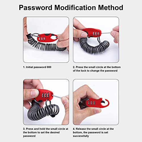 Bike Helmet Cable Lock, Easy to Carry Zinc Alloy Theft Password Lock Steel Wire Lock Rope for Bicycle(Red)