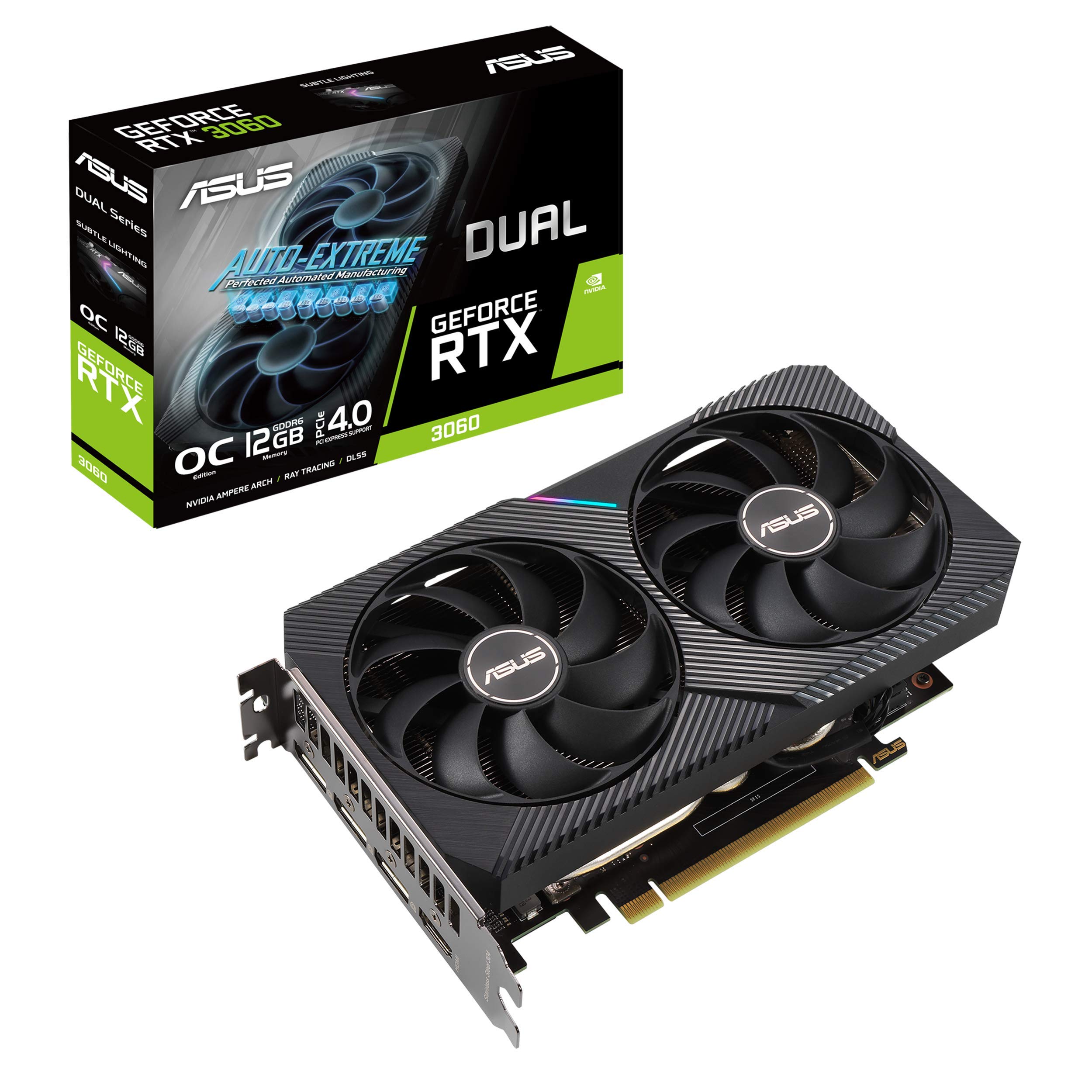 ASUS Dual NVIDIA GeForce RTX 3060 OC Edition Gaming Graphics Card (PCIe 4.0, 12GB GDDR6 Memory, HDMI 2.1, DisplayPort 1.4a, 2-Slot Design, Axial-tech Fan Design, 0dB Technology, and More (Renewed)