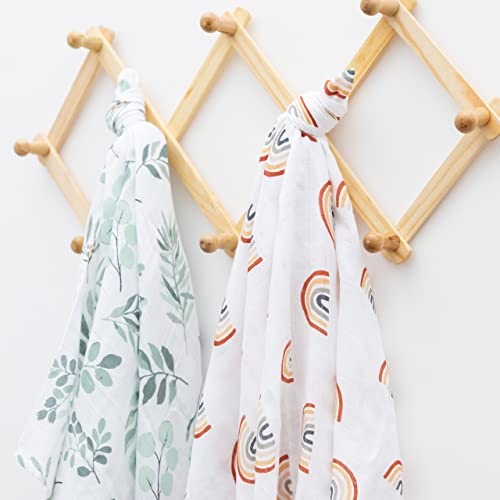 Organic Swaddle Blanket and Hat Set - Baby Receiving Blanket Neutral - Soft Organic Cotton and Bamboo Muslin Swaddle Blanket, Boho Rainbow, Birth Announcement Card, 47" x 47"