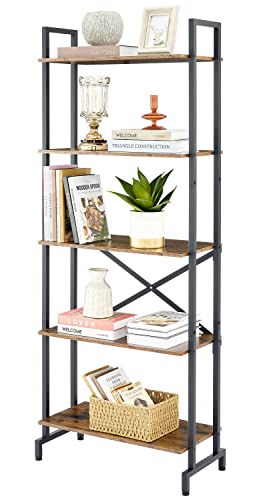 Hoctieon 5 Tier Bookshelf, Tall Bookcase Shelf Storage Organizer, Vintage Wood Open Shelves, Utility Organizer Shelves for Home Office, Living Room, Bedroom, Kitchen, Bathroom, Rustic Brown