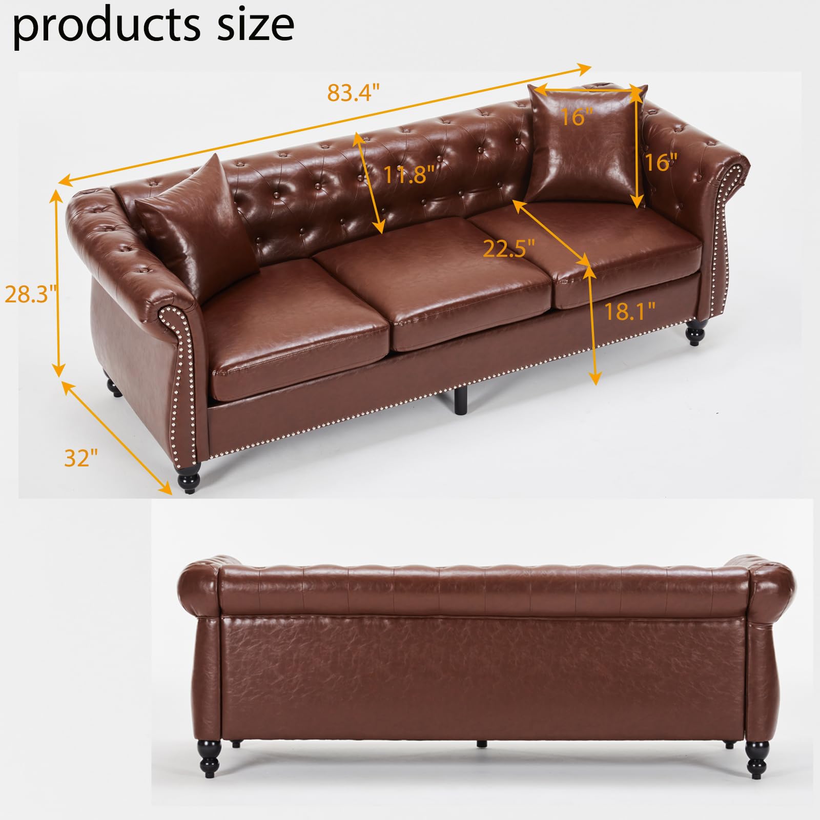 Chesterfield Sofa 83.4 " Faux Leather Couches with Gourd Wooden Legs, Deep Seat Comfy 3-Seater Upholstered Couch Button Nailhead Tufted Classic Couches for Living Room,Bedroom Easy to Assemble (Brown)