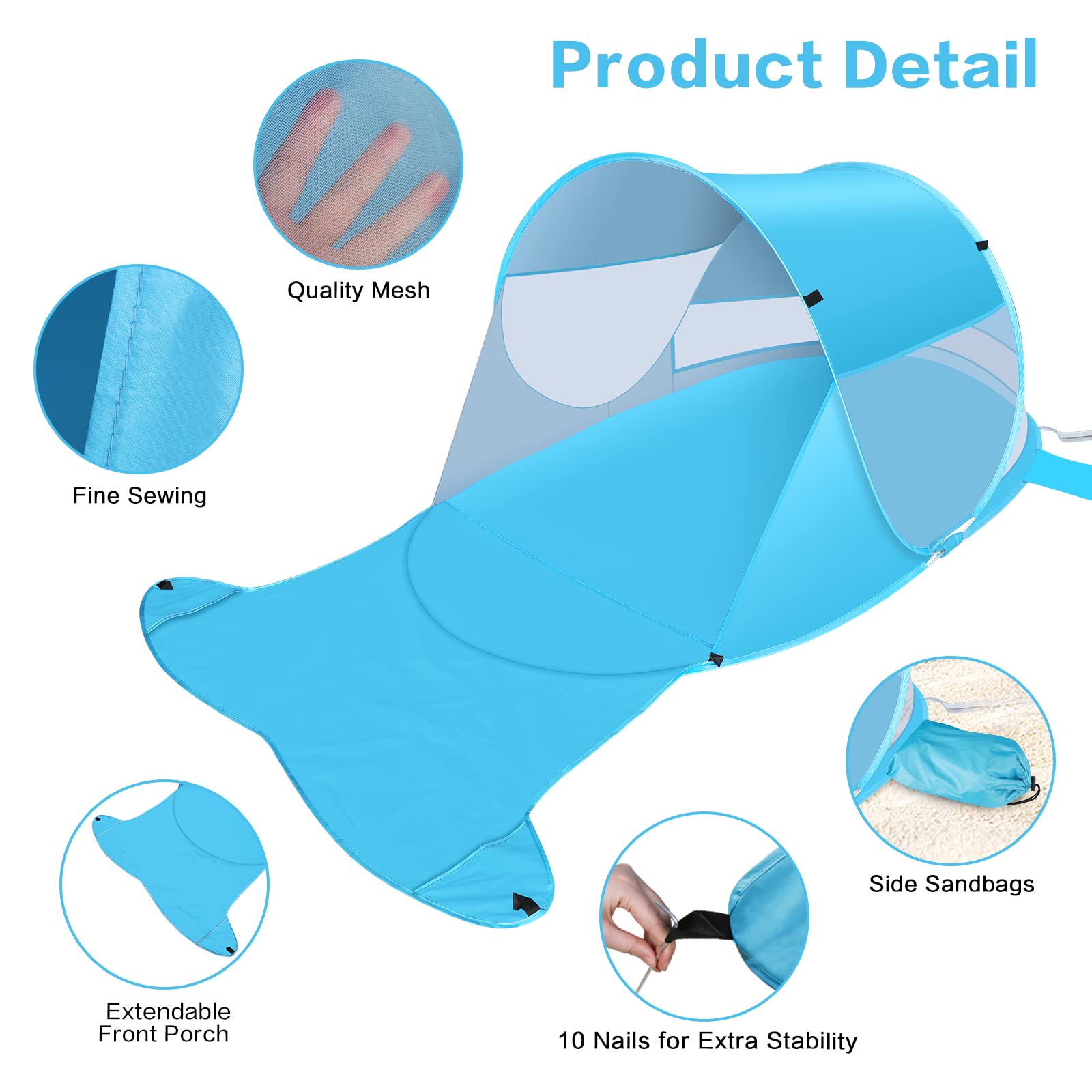 Beach Tent, Large Automatic Instant Pop Up Beach Shade, UPF 50+ Portable Sun Shelter Anti UV Beach Umbrella Baby Tent with Carrying Bag Fit for 2 Person