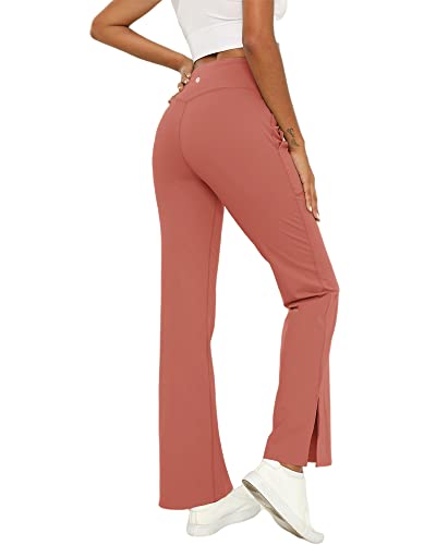 Aurgelmir Women's High Waisted Flare Bootcut Pants Split Hem Wide Leg Athletic Running Yoga Leggings with Pockets Pink