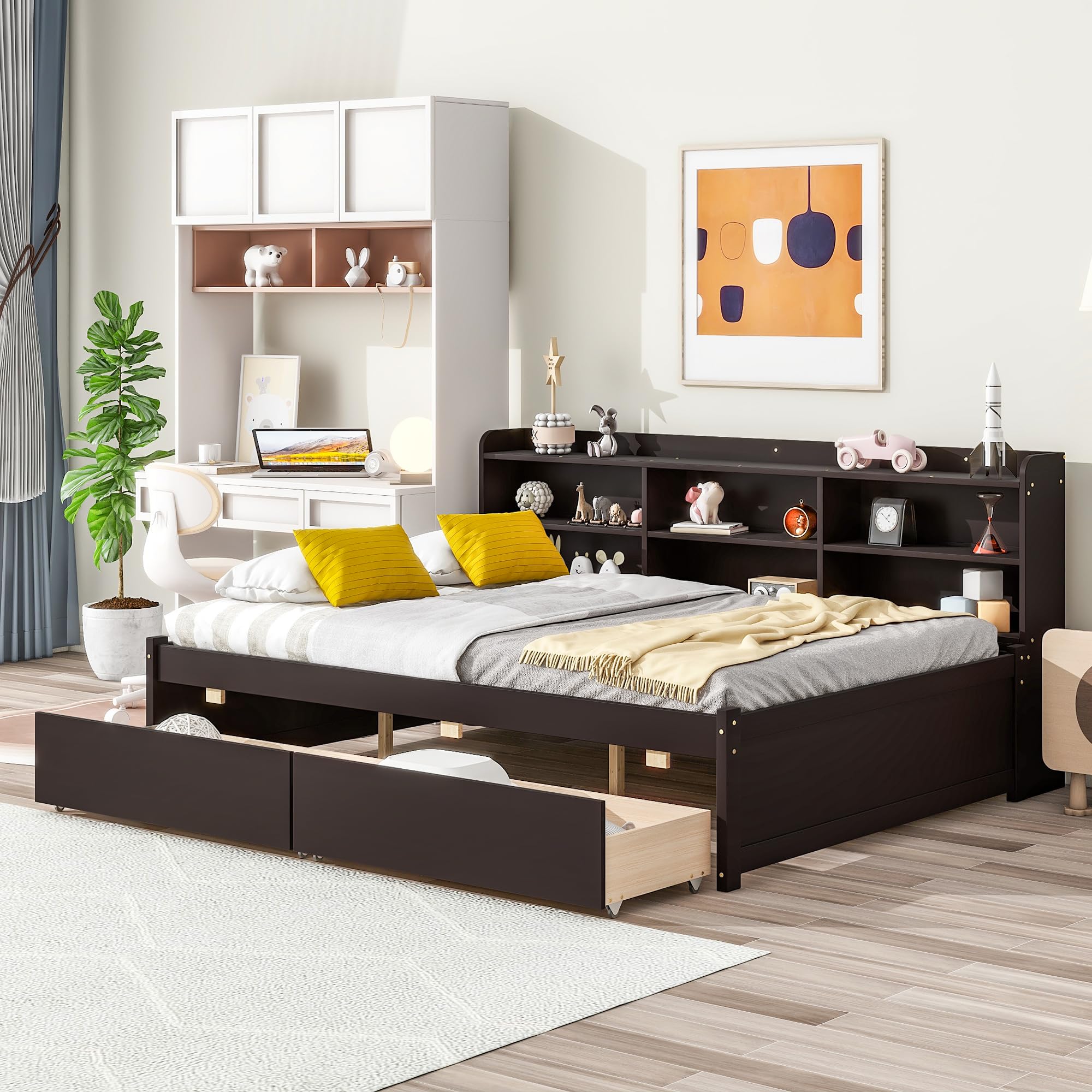 DNChuan Full Size Daybed with Bookcase and Underneath Storage Drawers,Captains Corner Day Bed,No Box Spring Needed for Kids Boys Girls Adults,Espresso