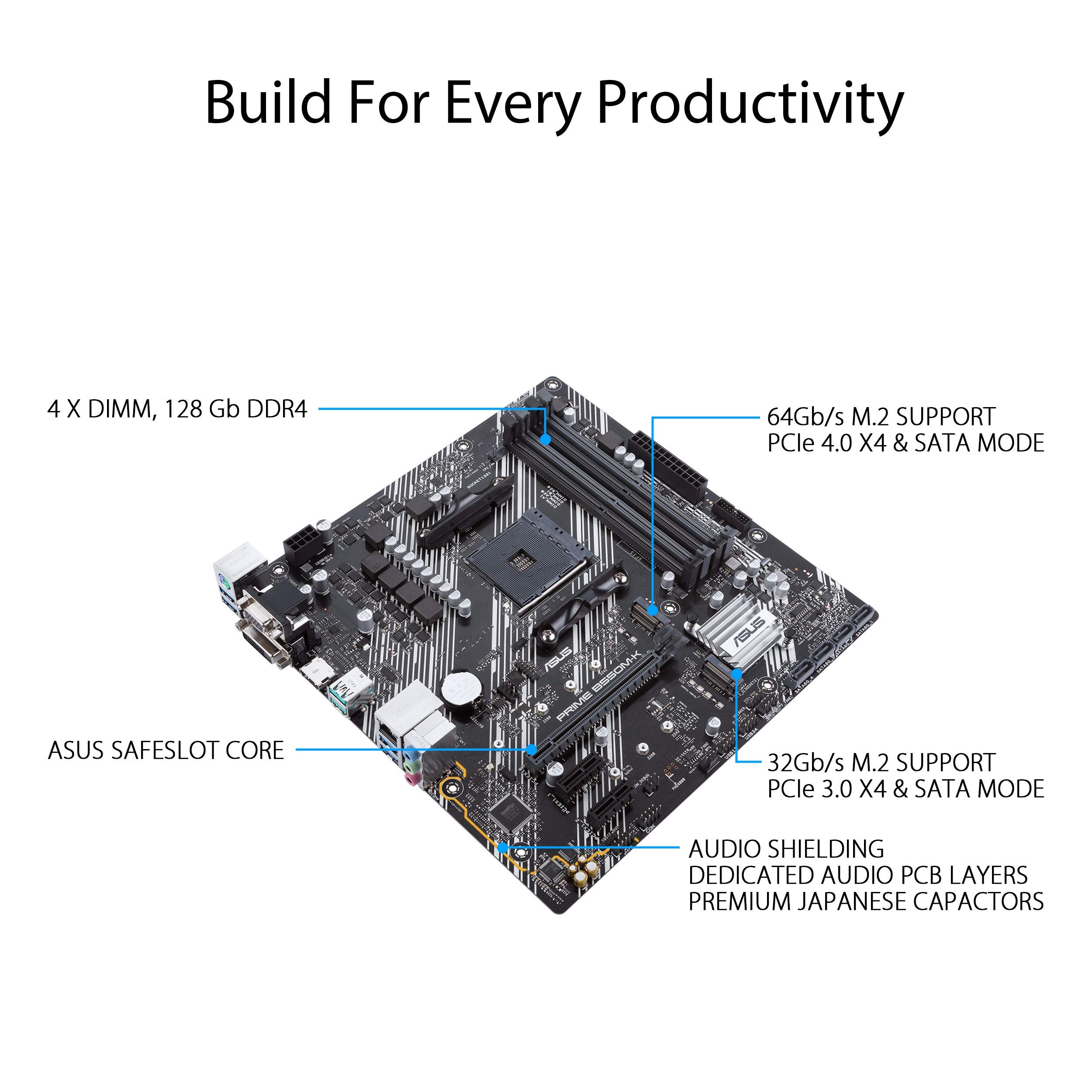 ASUS Prime B550M-K AMD AM4 Zen 3 Ryzen 5000 & 3rd Gen Ryzen Micro-ATX Motherboard (PCIe 4.0, ECC Memory, 1Gb LAN, Dual M.2, USB 3.2 Gen 2 Type-A,HDMI 2.1 4K@60Hz, DVI, D-Sub) Silver