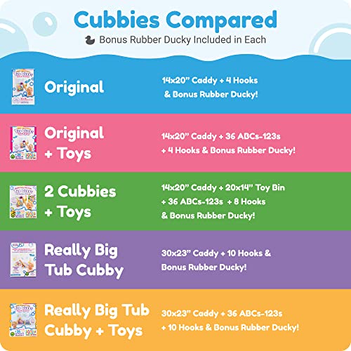 Original Tub Cubby Bath Toy Storage - Hanging Bath Toy Holder, with Suction & Adhesive Hooks, 14"x20" Mesh Net Shower Caddy for Kids Bathroom Decor, Bedroom & Car Toy Organizer - Bonus Rubber Duck & Hooks