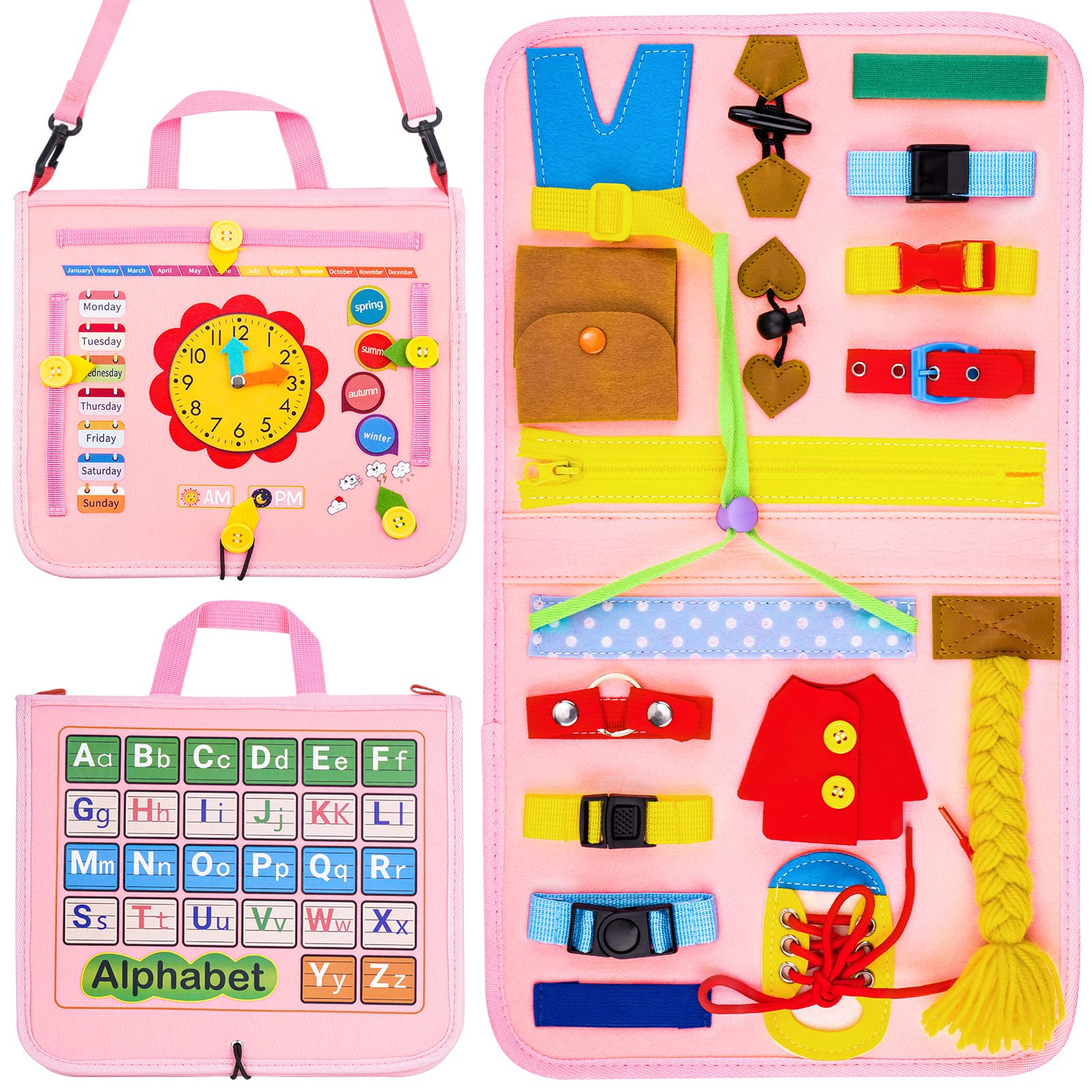 NiToy Busy Board, 19-in-1 Toddler Montessori Toys Ages 3-5, Fine Motor Skills Toys for Preschool Activity Sensory Learning Toys, Pink