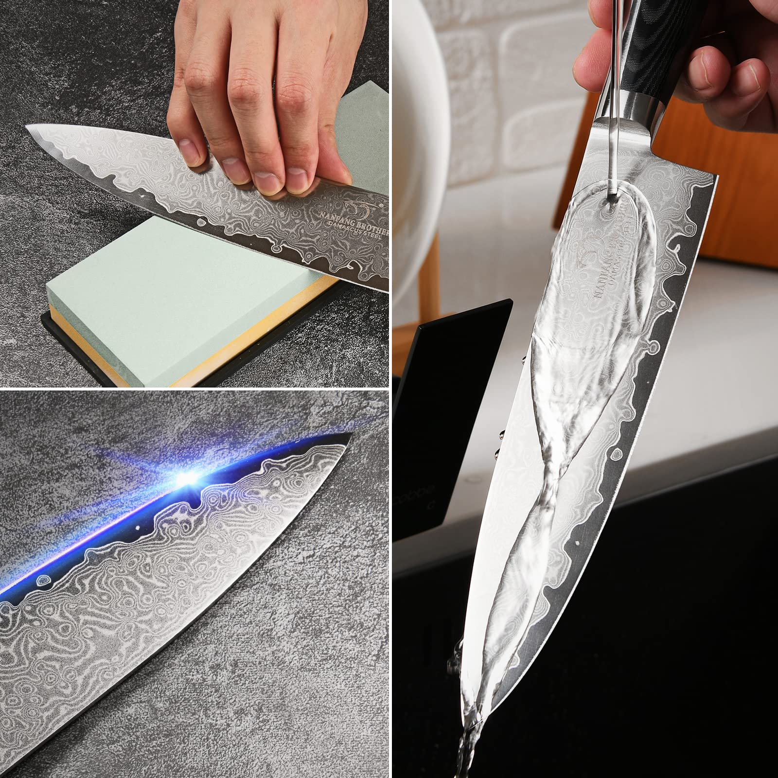 Chefs Knife Set with Gift Box, 4 Pieces Damascus Kitchen Knife Set, VG10 Steel Professional Knife Sets for Chefs, Knife Set with Non-slip Micarta Handle, Knife Sharpener and Chefs Knife