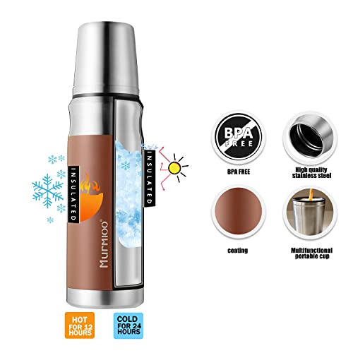 Murmioo travel vacuum flask,stainless steel insulated bottle, built-in cap cup, cold for 24 hours, heat for 12 hours, BPA Free leak proof, sweat free 17oz/500ml Brown