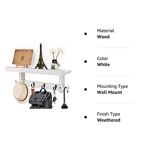 Emfogo Coat Rack Wall Mount 16.9" Key Holder Wall Mount with 6 Coat Hooks Rustic Wall Coat Rack with Hooks for Entryway, Bathroom, Living Room White