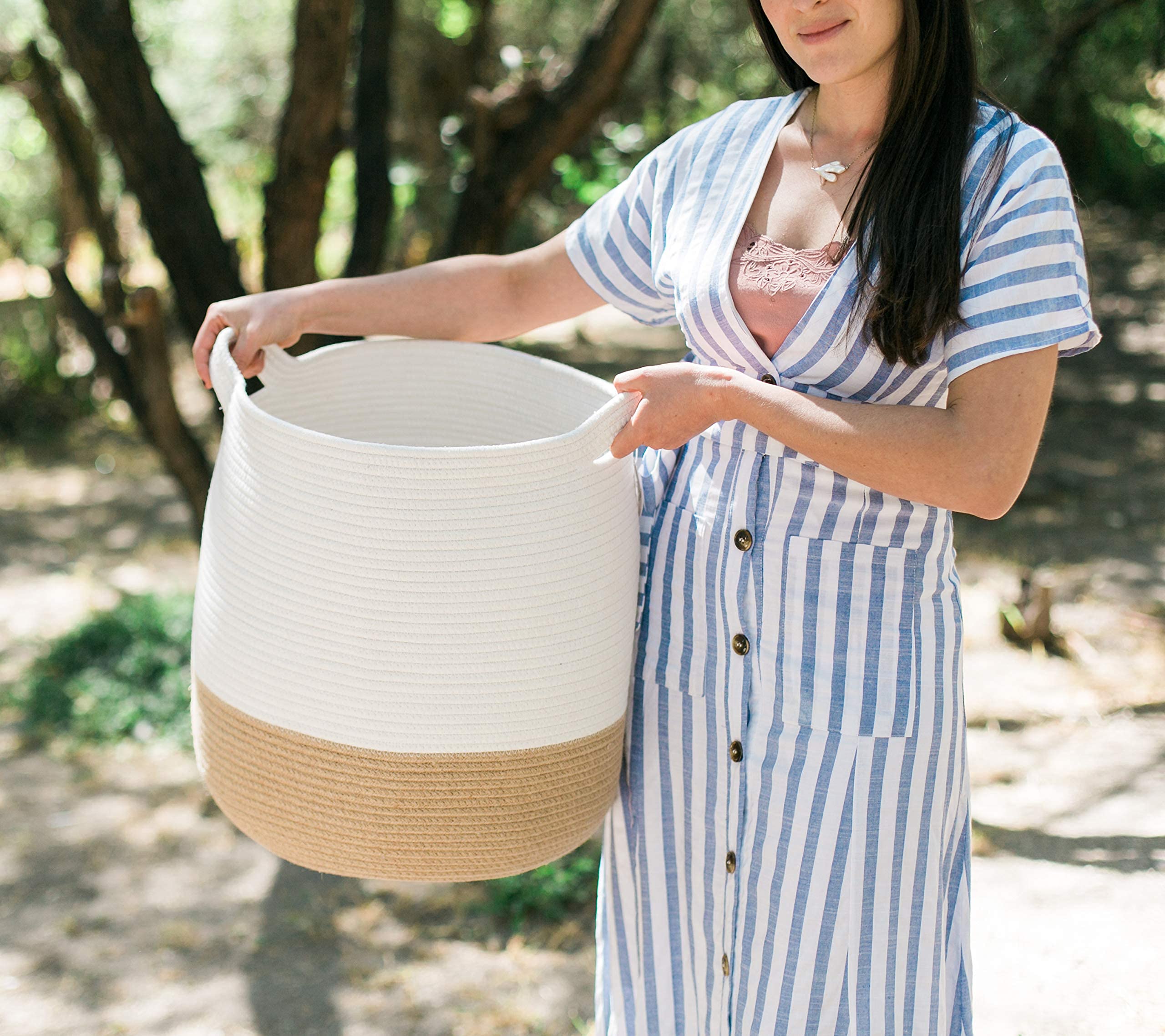 Large Blanket Basket for Living Room - Decorative Woven Baskets for Storage, Cotton Rope Baskets for Storage 16βx18β, Round Basket, Tall Laundry Hamper Basket, LuxiLily Baskets