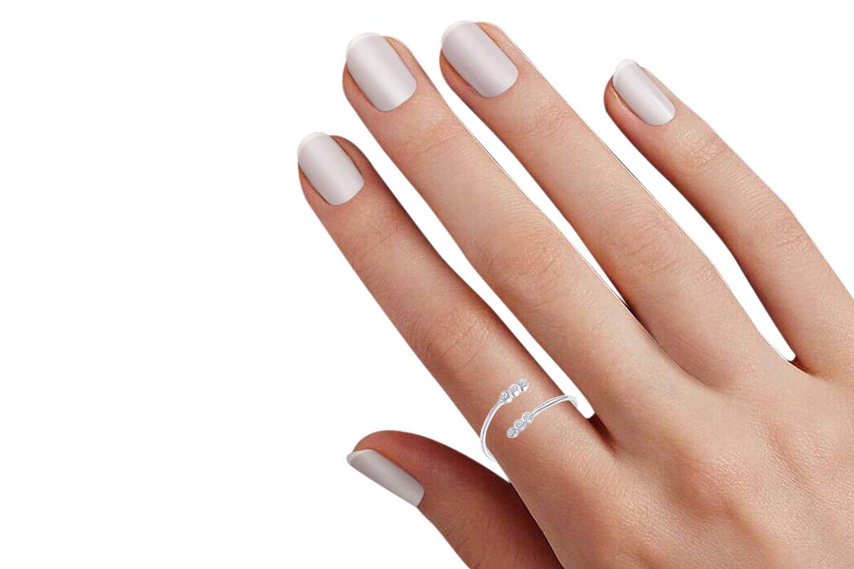 Bezel Diamond Accent Bypass Adjustable Stackable Ring in 14k White Gold Over Sterling Silver Ring Size-6