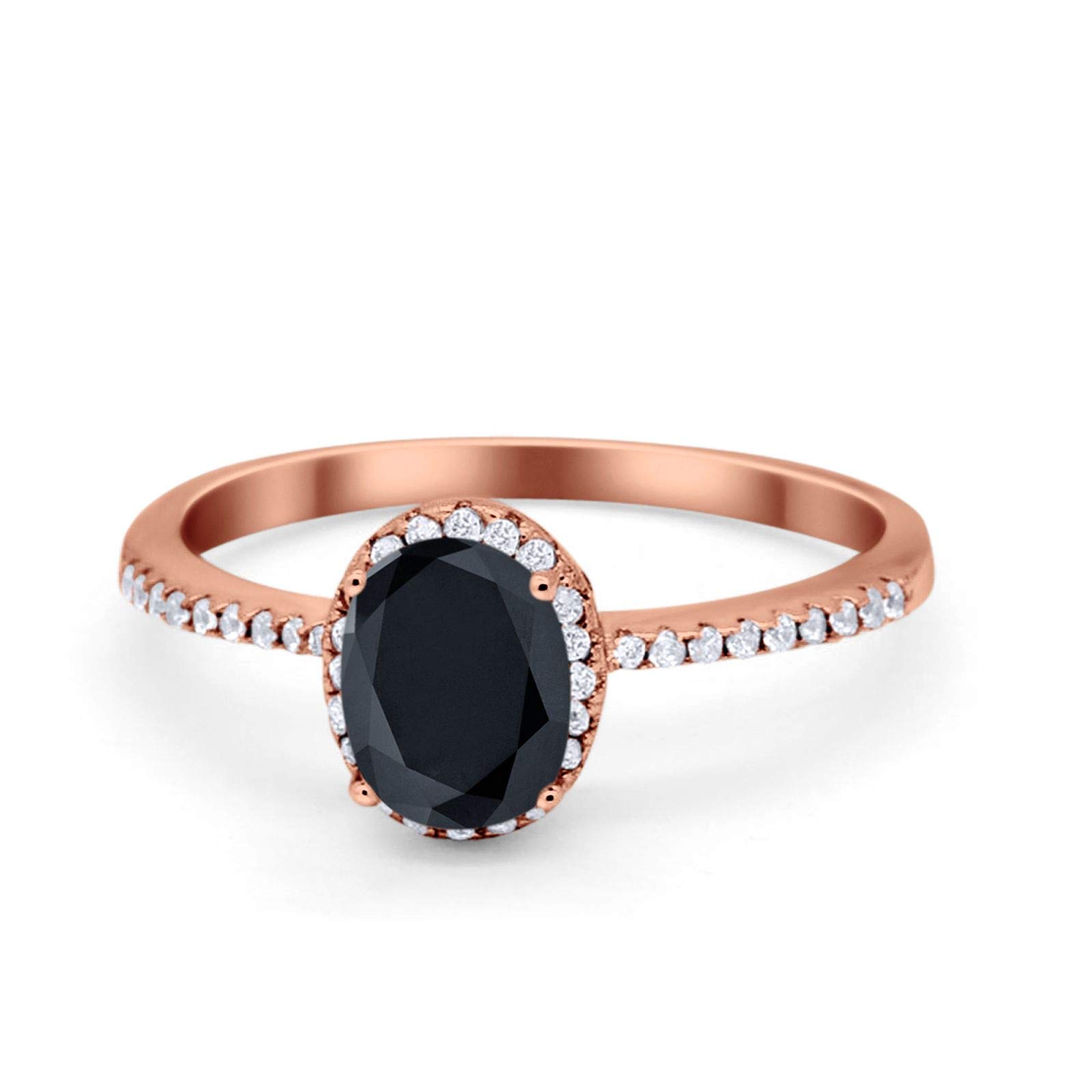 Black CZ Rose Tone Size-9 Minimalist 10mm Oval Halo CZ Vintage Style Solitaire Statement Wedding Engagement Rings For Women 925 Sterling Silver Gifts For Her