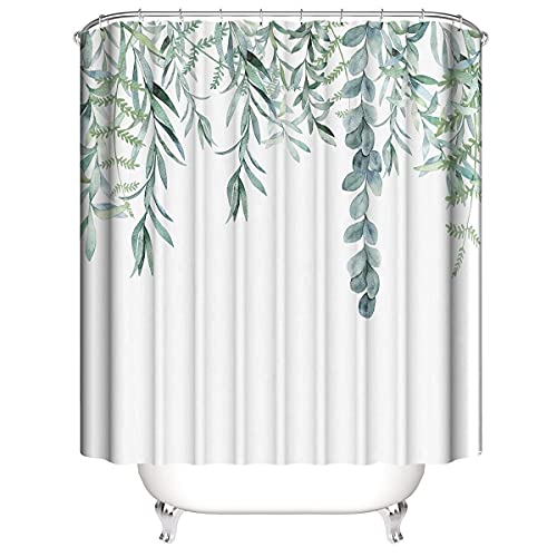 Muuyi Shower Curtain for Bathroom with 12 Hooks, 3D Printing Washable Waterproof Cloth Plant Leaf Fabric, 72 x 72 Inches (Willow), Green