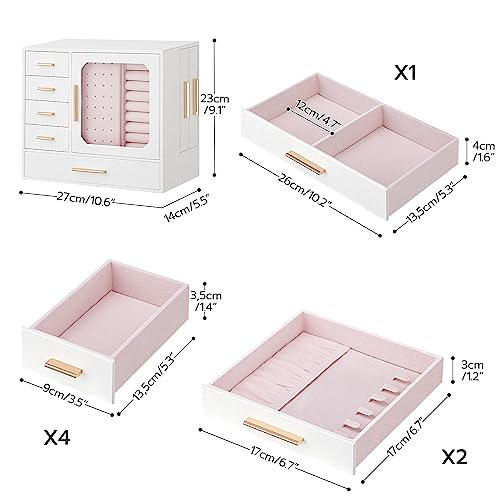 HOOBRO Jewelry Box with Glass Window, Large Capacity Jewelry Organizer, Jewelry Storage, Portable Jewelry Organizer Box, Modern Style, White and Light Gold WT05JB04