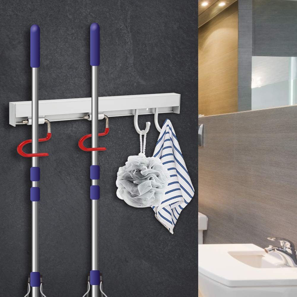 BORDSTRACT Mop Holder, S‑Shaped Mop Broom Storage Rack, Wall Mounted Mop Holder with Hooks for Home Toilet Bathroom(2 Hanger 2 Hook)