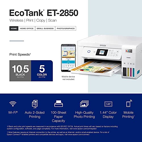 Epson EcoTank ET-2850 Wireless All-in-One Inkjet Color Printer, 4800x1200 dpi, Duplex Printing, Mobile Photo Printing, 1.44" Color LCD Display, Cartridge-Free, White, Bundle with Printer Cable