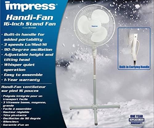 Impress Oscillating Stand Fan | 16-inch | Carry Handle | Quiet | Adjustable Height & Tilt | 3-speed (White)
