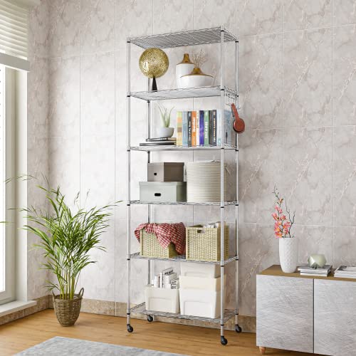 Himimi Heavy Duty 6-Tier Wire Shelving Unit with Wheels - Durable Metal Storage Rack for Garage, Kitchen, Office, and Pantry - Easy Assembly, Rolling Steel Shelves, Silver