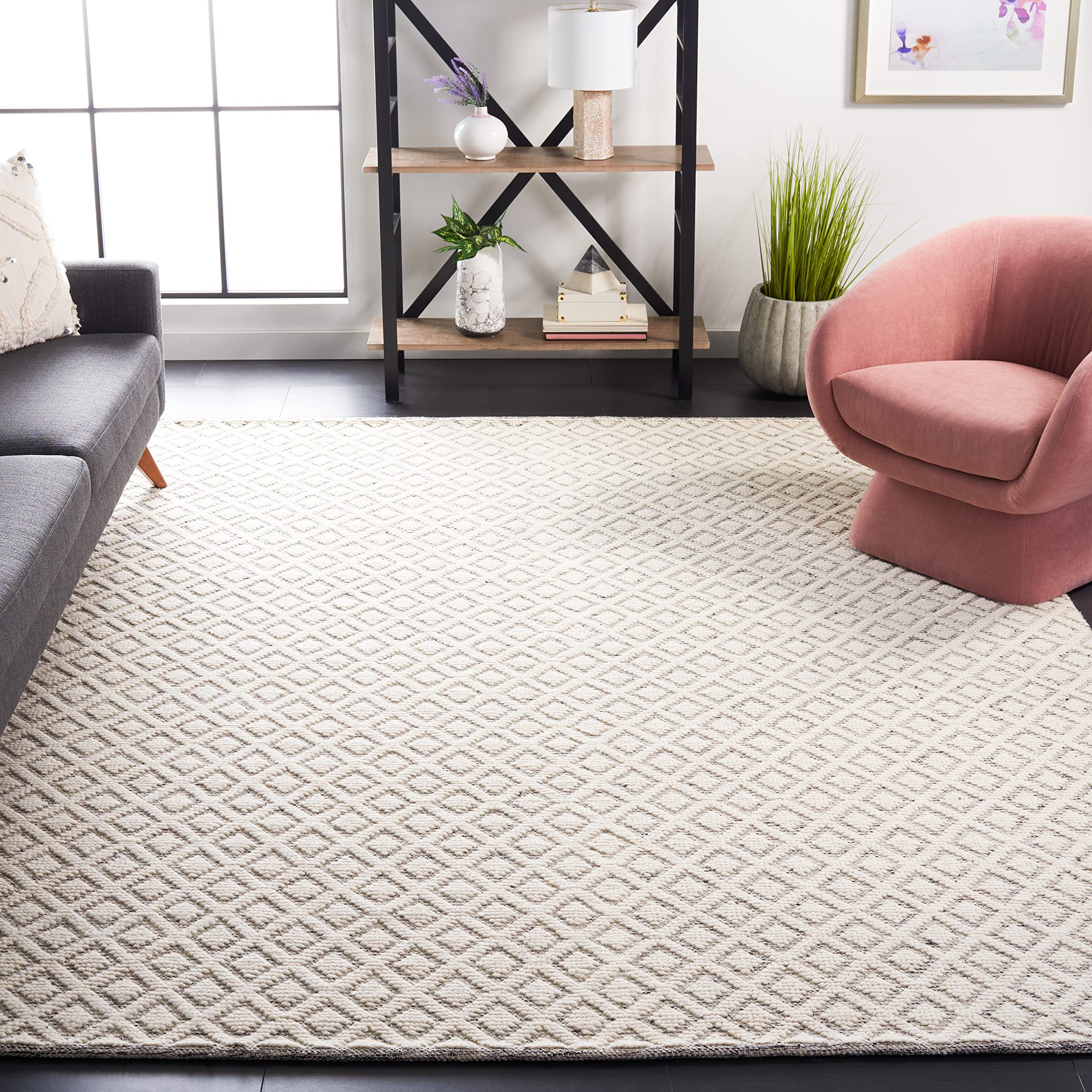 SAFAVIEH Vermont Collection Area Rug - 8' x 10', Ivory & Grey, Handmade Trellis Wool, Ideal for High Traffic Areas in Living Room, Bedroom (VRM304F)