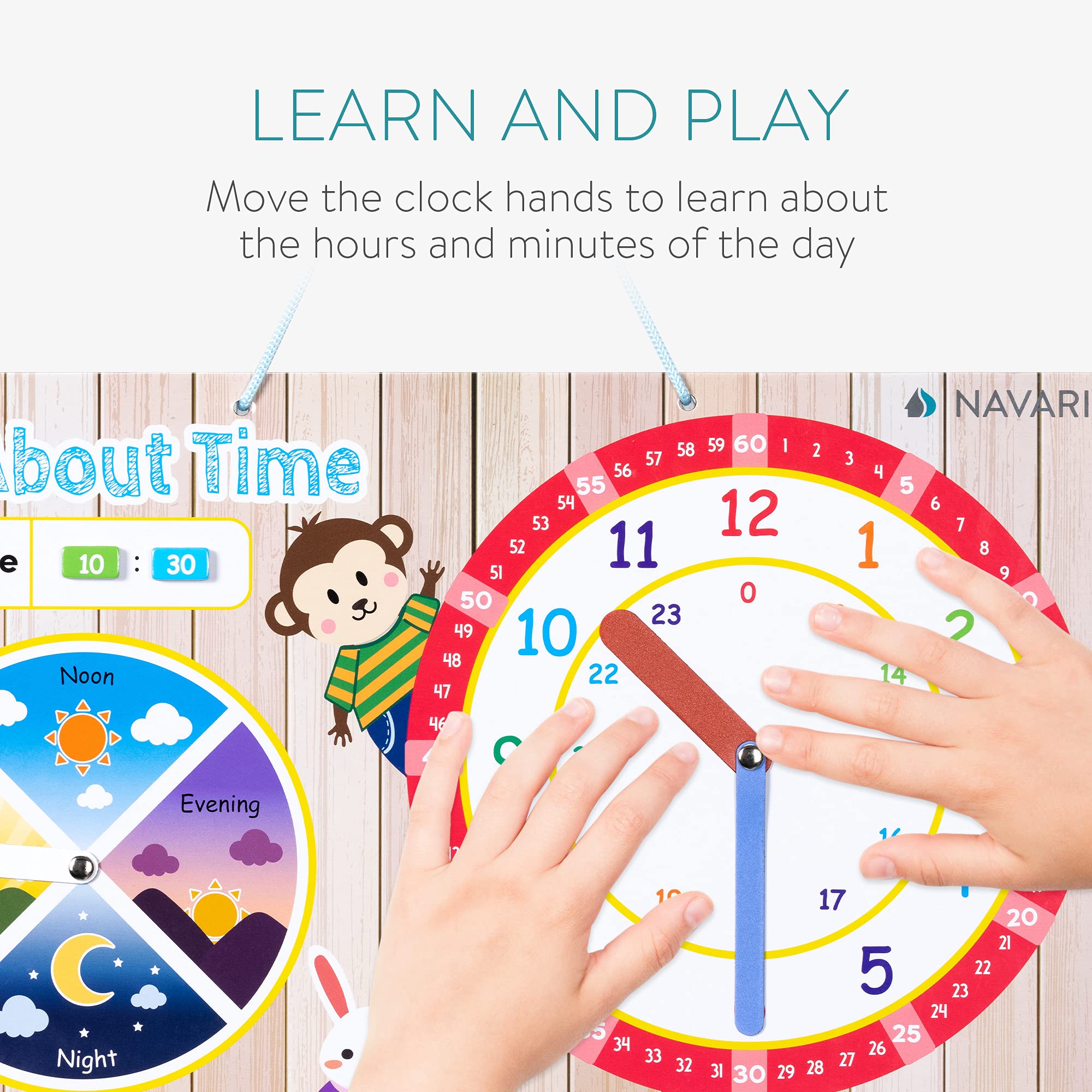 Navaris Kids Magnetic Clock - Early Years Learning - Time Telling and Time of Day Educational Chart for Children - Kids Wall Board - English, Beige