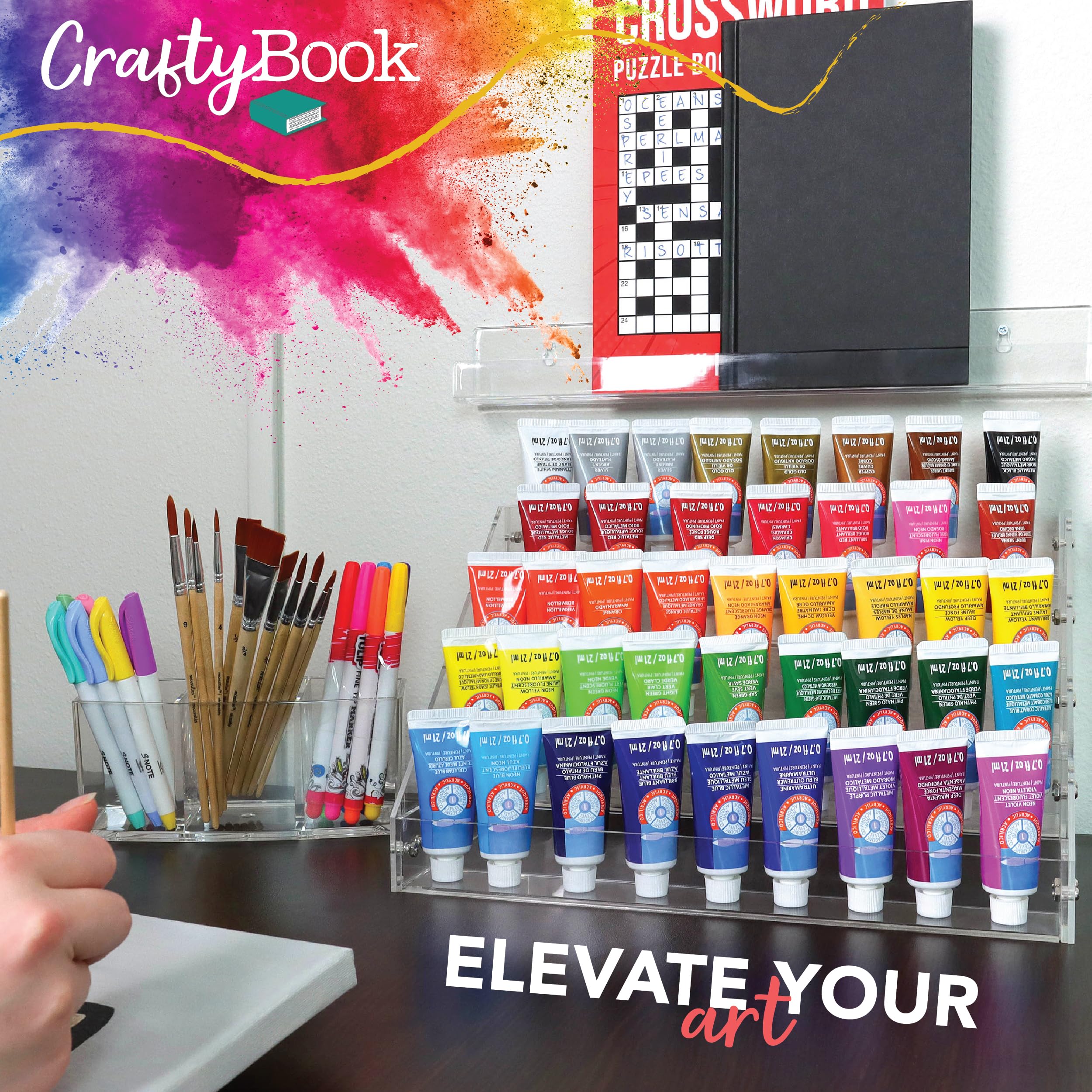 CraftyBook 5-Tiered Art Supply Storage Organizer with Paint Brush Holder - Clear Acrylic Tabletop Gel Polish Paint Storage Step Shelf - Acrylic Nail Polish Organizer Shelf for Hobby and Model Paint