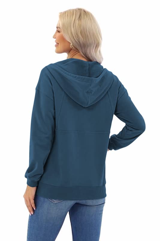 Diukia Women's Casual Button V Neck Solid Color Hooded Sweatshirt 2022 Fall Warm Long Sleeve Hoodie Outwear Fashion Drawstring Pocket Pullover Tops for Ladies Navy Blue S 4-6