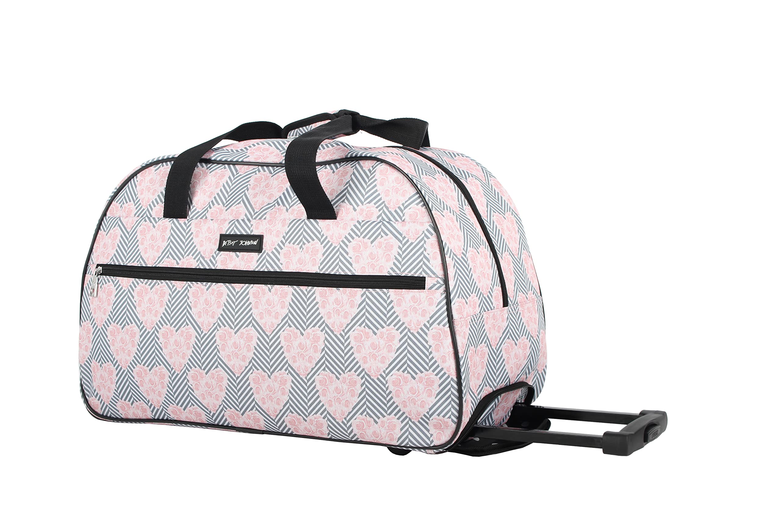 Betsey Johnson Designer Carry On Luggage Collection - Lightweight Pattern 22 Inch Duffel Bag- Weekender Overnight Business Travel Suitcase with 2- Rolling Spinner Wheels (CHEVRON HEARTS, One Size)