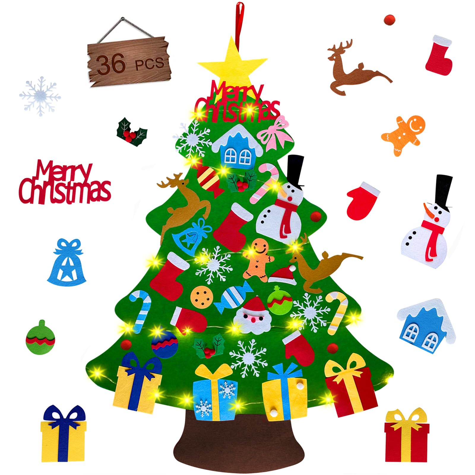 Nackiy 3.3ft DIY Lighted Felt Christmas Tree 36 Pcs Xmas Tree for Toddler Christmas Gift for kid Clearance Christmas Crafts for Kids Gift with String Light (Batteries Not Included)