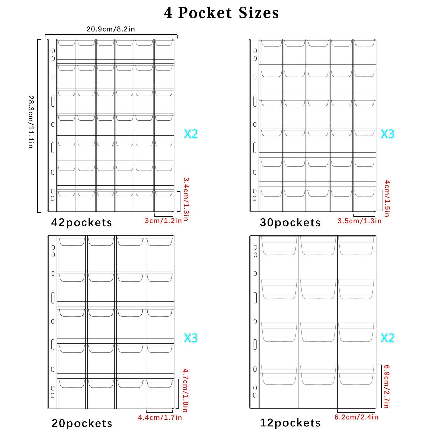 Homgaty 10 Sheets Coin Collection Supplies, Coin Pocket Page Coin Holders Stamp Binder Sheets Currency Collecting Album Book Sleeves (12, 20, 30 and 42 Pocket Pages)