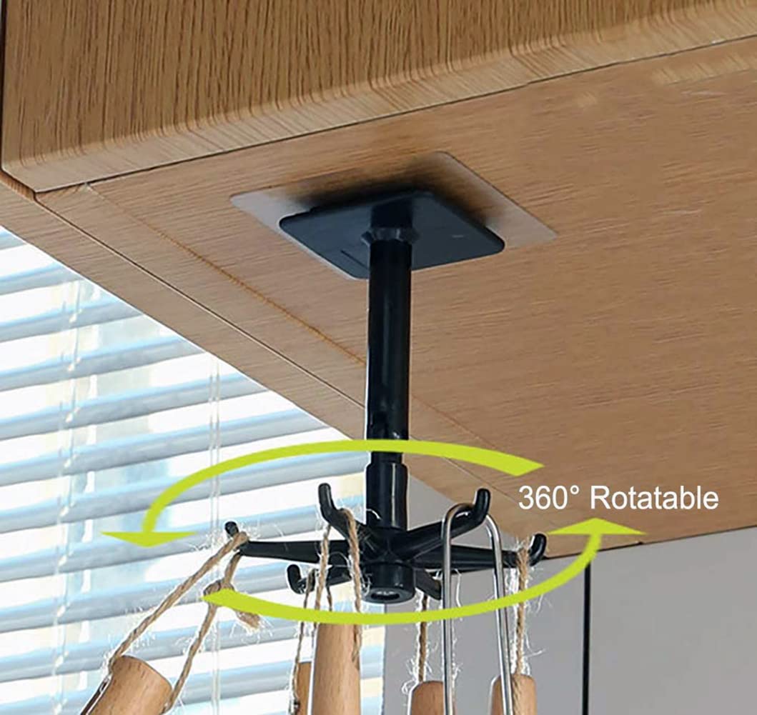 Fengirl Kitchen Utensil Hanger with 6 Hooks, Under Cabinet Utensil Holder Hanger Hook for Kitchen and Bathroom, 360° Rotatable Space Saving No Drilling Nail Free Organizer Hook, 2 Pack (Black)