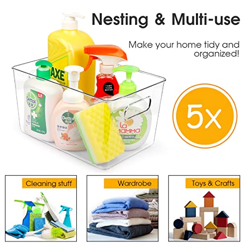 Clear Plastic Storage Bins β Kitchen Organization Pantry Storage β Fridge Organizer, Cabinet Organizers and Storage Bins with Handles for Counter-tops, Refrigerator, Bedrooms, Bathrooms (Bins-5PCs)