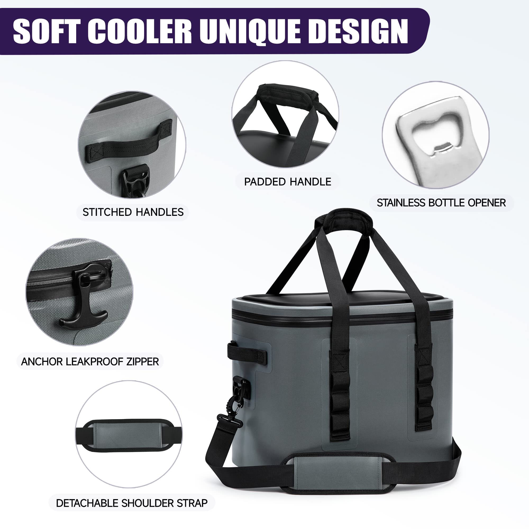 BeEagle Soft Cooler 30 Cans Cooler Bag Insulated 100% Leak Proof Waterproof Beach Cooler Portable Lightweight Camping Cooler Soft Ice Chest