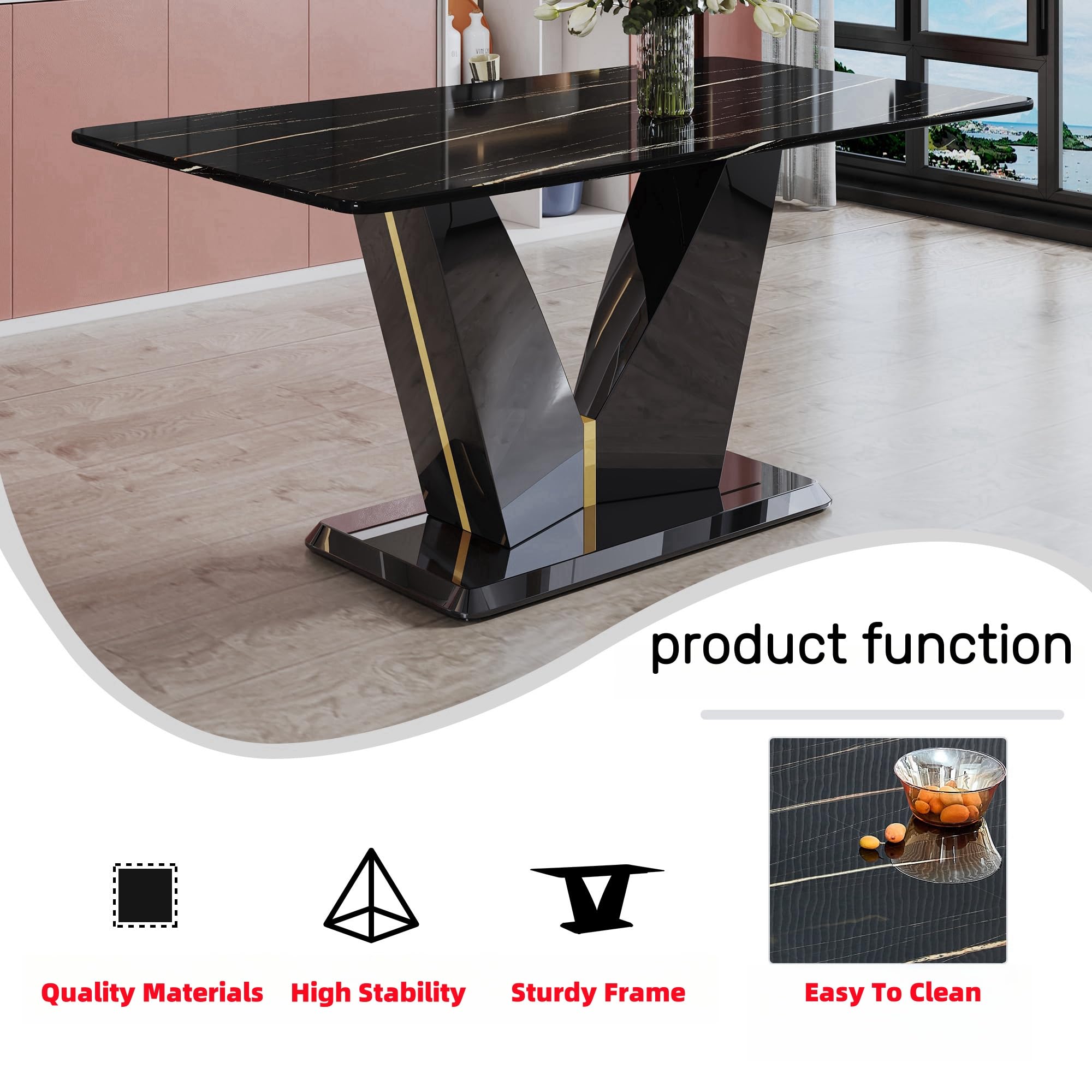 ChicFurnit Modern Dining Table with Tempered Glass Tabletop, Rectangle Dining Table with Rose Gold Colored Legs, for Living Room, Kitchen, Dining Room, Office