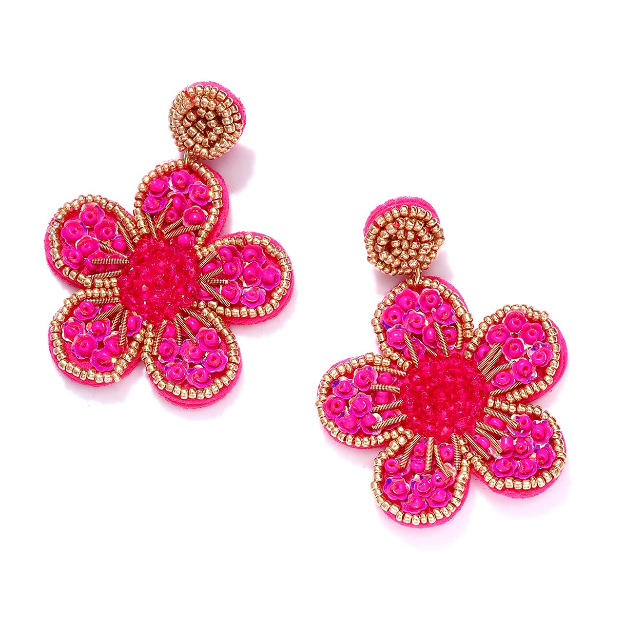 Beaded Drop Earrings Statement Colorful Beaded Flower Earrings Handmade Bohemia Tropical Beadwork Dangle Earrings For Woman (rose red)