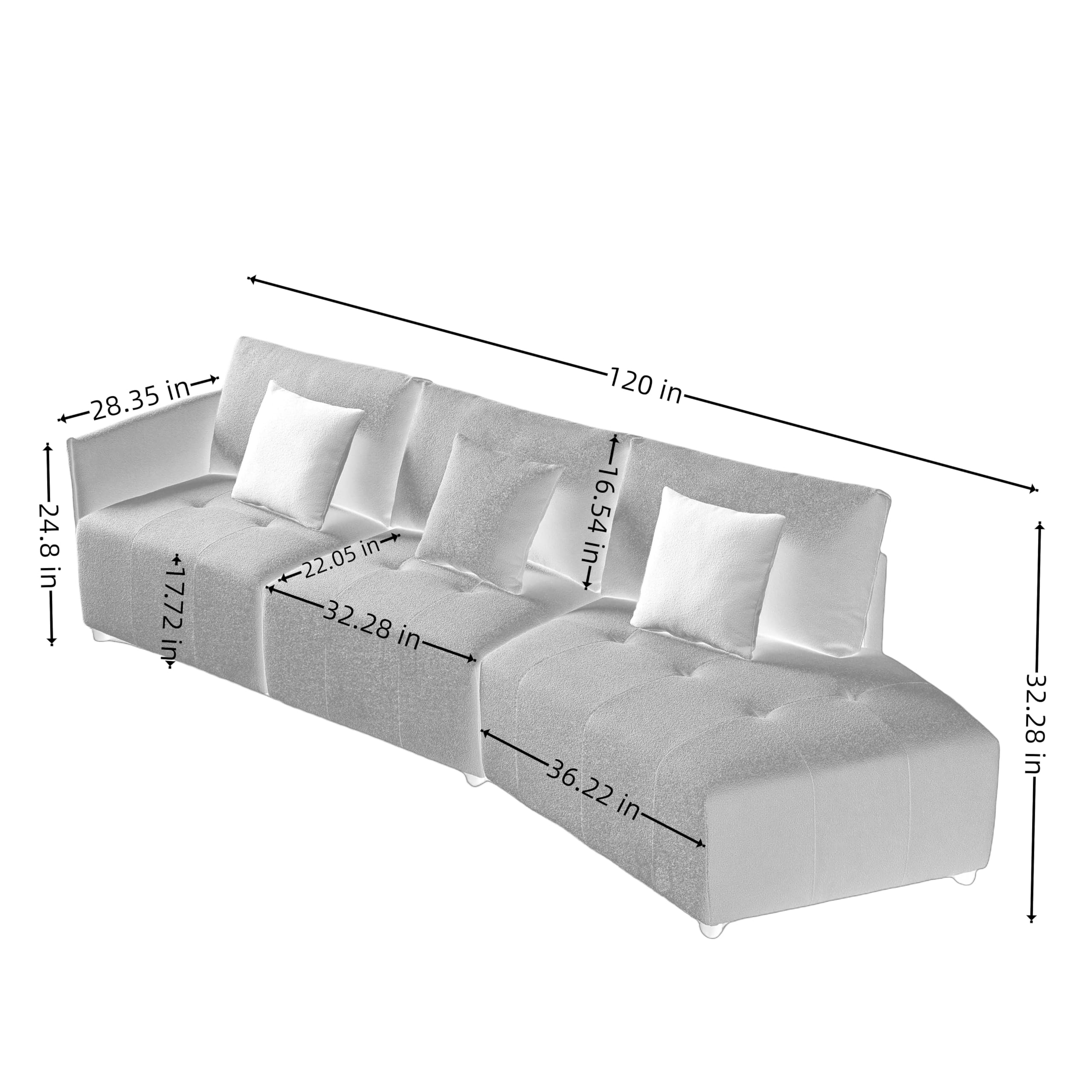 ChicFurnit Sectional Sofa, Couch with Three Movable Pillows & Positioned Armrests, Curved Real Leather 120" Upholstered Sofa with Sectional Chaise Lounge, Dark Yellow