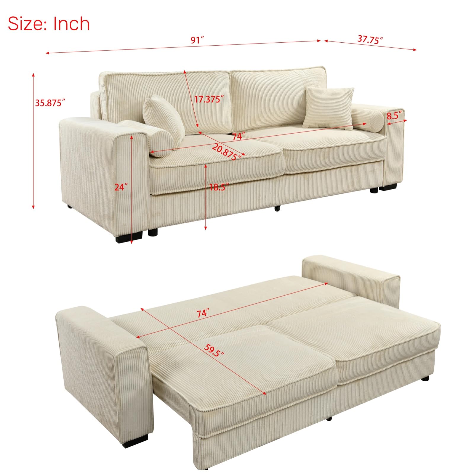 ChicFurnit Sofa Bed,3 in 1 Convertible Sleeper Loveseat with Pull Out Bed,78'' Upholstered Reclining Futon Couch Bed with Adjustable Backrest and Square Arms for Living Room,Bedroom,Beige