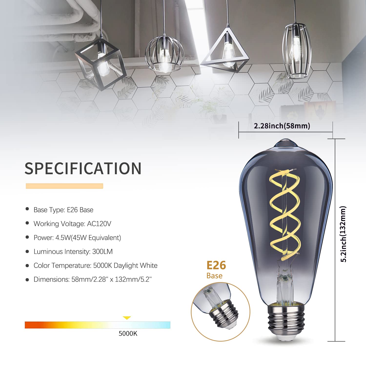 Austin Coast ST19/ST58 Vintage LED Edison Bulb,4.5W Daylight 5000K,Dimmable Flexible Spiral LED Filament Light Bulb with Smoky Grey Glass,4.5W Equivalent to 45W, E26 Base(4.5W-5000K-6 Pack)