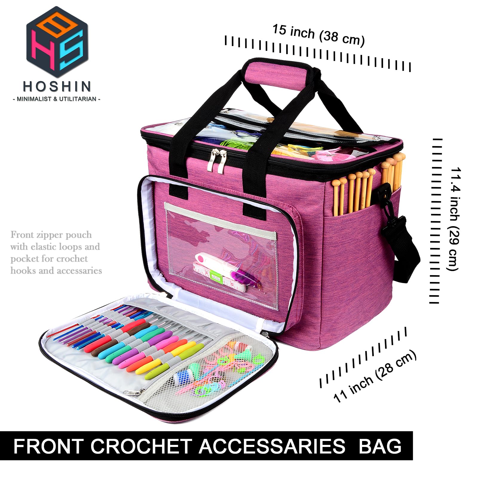 Hoshin Knitting Bag for Yarn Storage, High Capacity Yarn Totes Organizer with Inner Divider Portable for Carrying Project, Knitting Needles(up to 14”), Crochet Hooks, Skeins of Yarn (Purple)