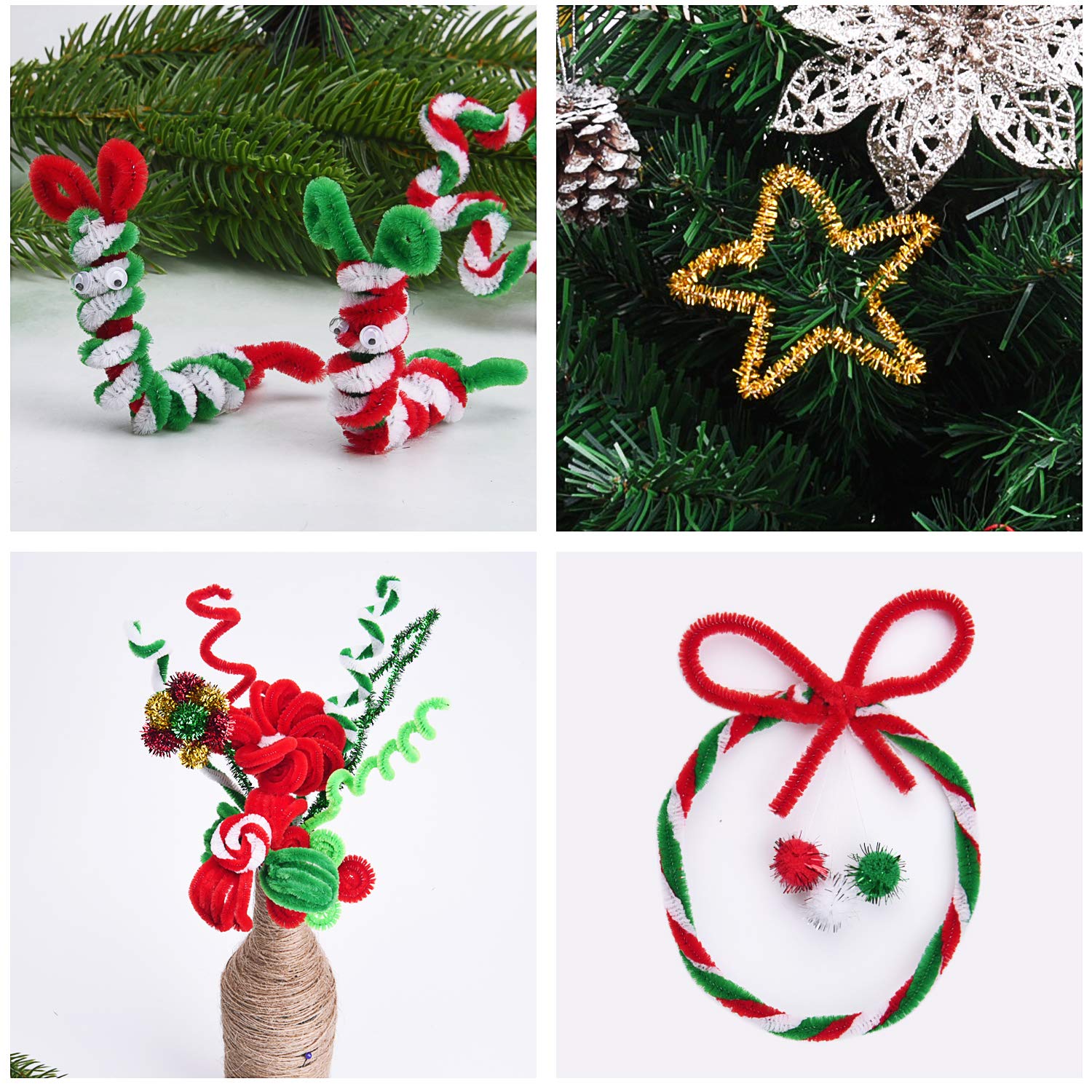 Livder 400 Pieces Christmas Pipe Cleaners Chenille Stem, Red Green Glitter DIY Art Crafts, 4 Colors