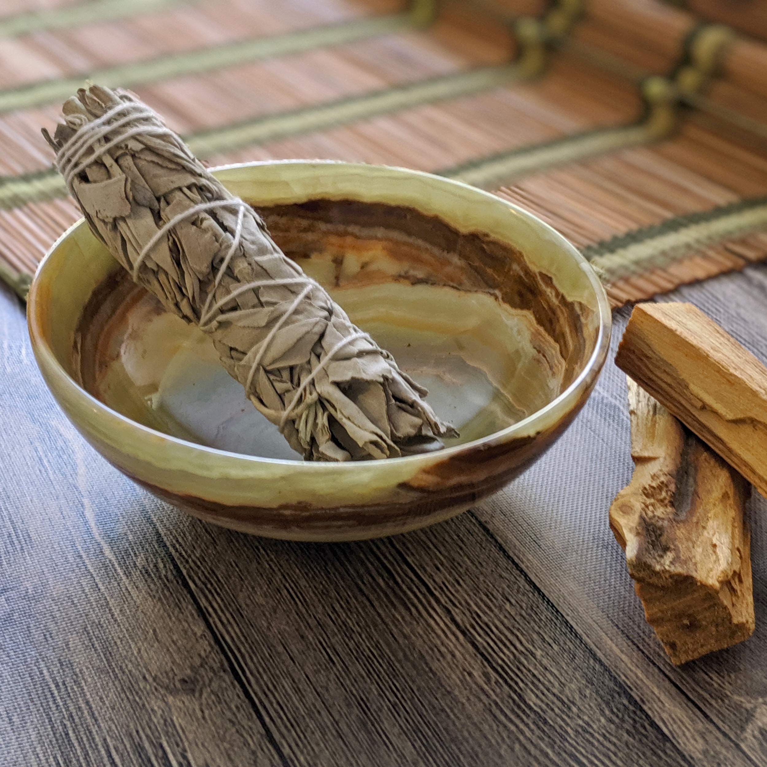 Blessed Ember Natural Stone Green Calcite Crystal Gemstone Smudge Bowl with Garden Sage and 2 Palo Santo Sticks