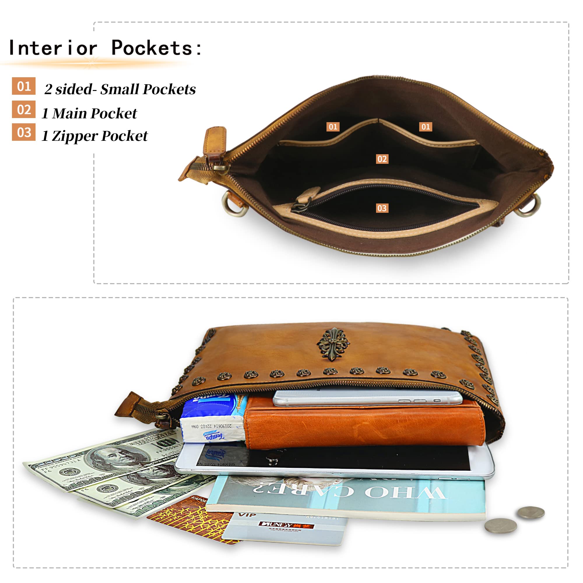 LETEULO Womens Crossbody Bag Leather Handmade Shoulder Bag Clutch Wristlet Handbags Purse (Brown L)