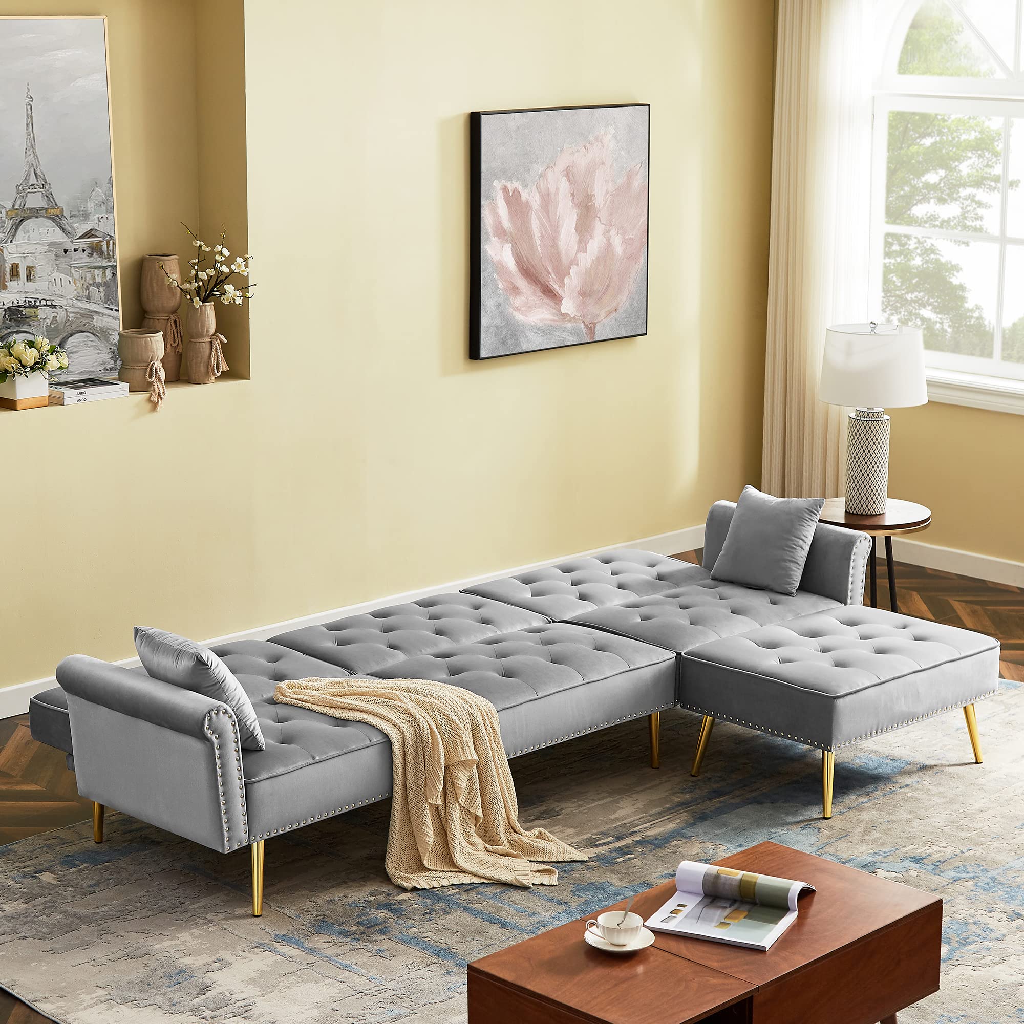 Hommoo 110β Modern Reversible Sectional Couch for Living Room Velvet L Shaped Couch with Removable Ottoman Nailhead Trim 3 Seater Sofa with Metal Gold Legs Light Gray