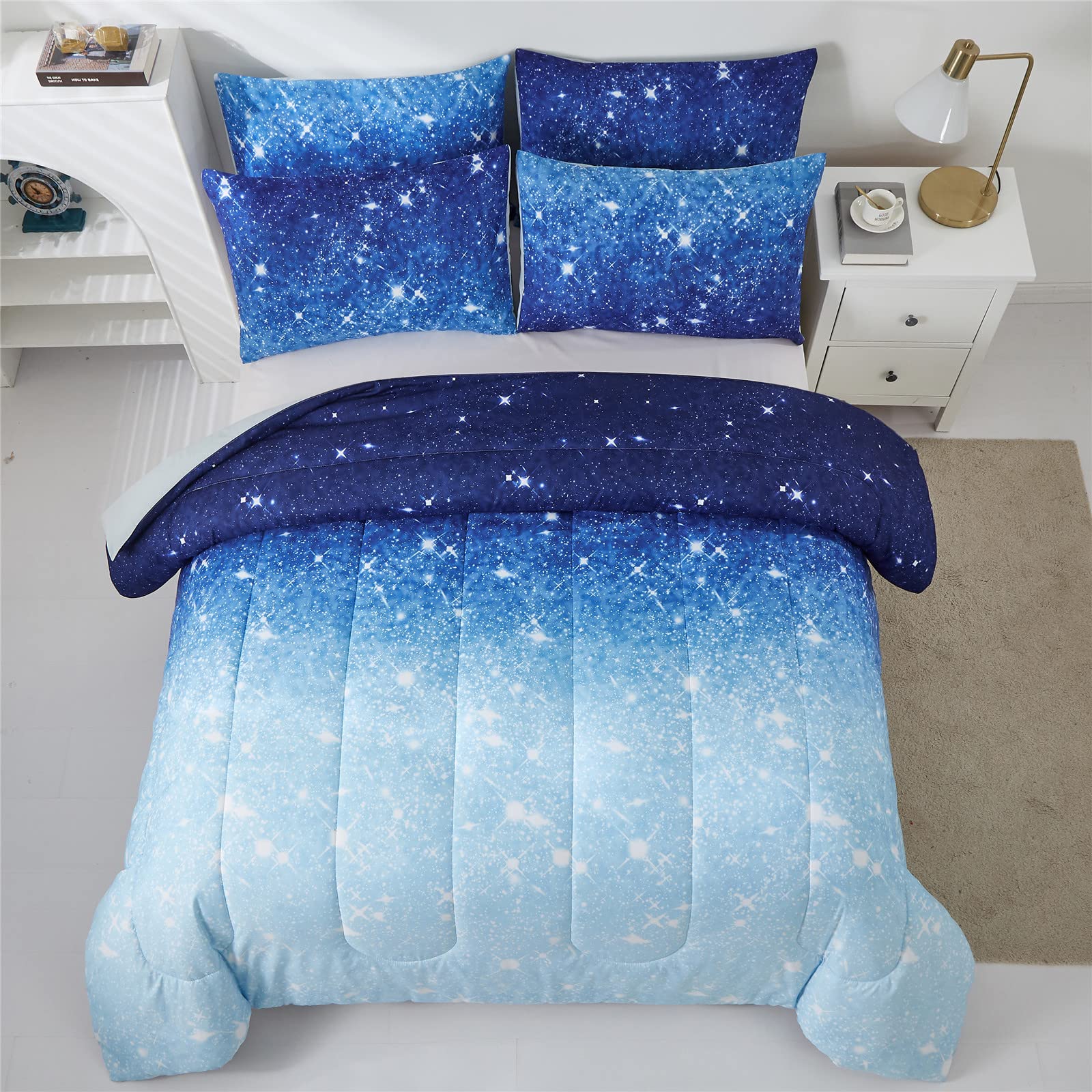 kiddiku Blue Glitter Comforter Set Twin Size for Boys Girls, Sparkle Galaxy Twinkle Starlight Comforter for Kids Teen, 2 Piece Aqua Blue Navy Ombre Bedding Set with 1 Pillow Case(Blue,Twin)