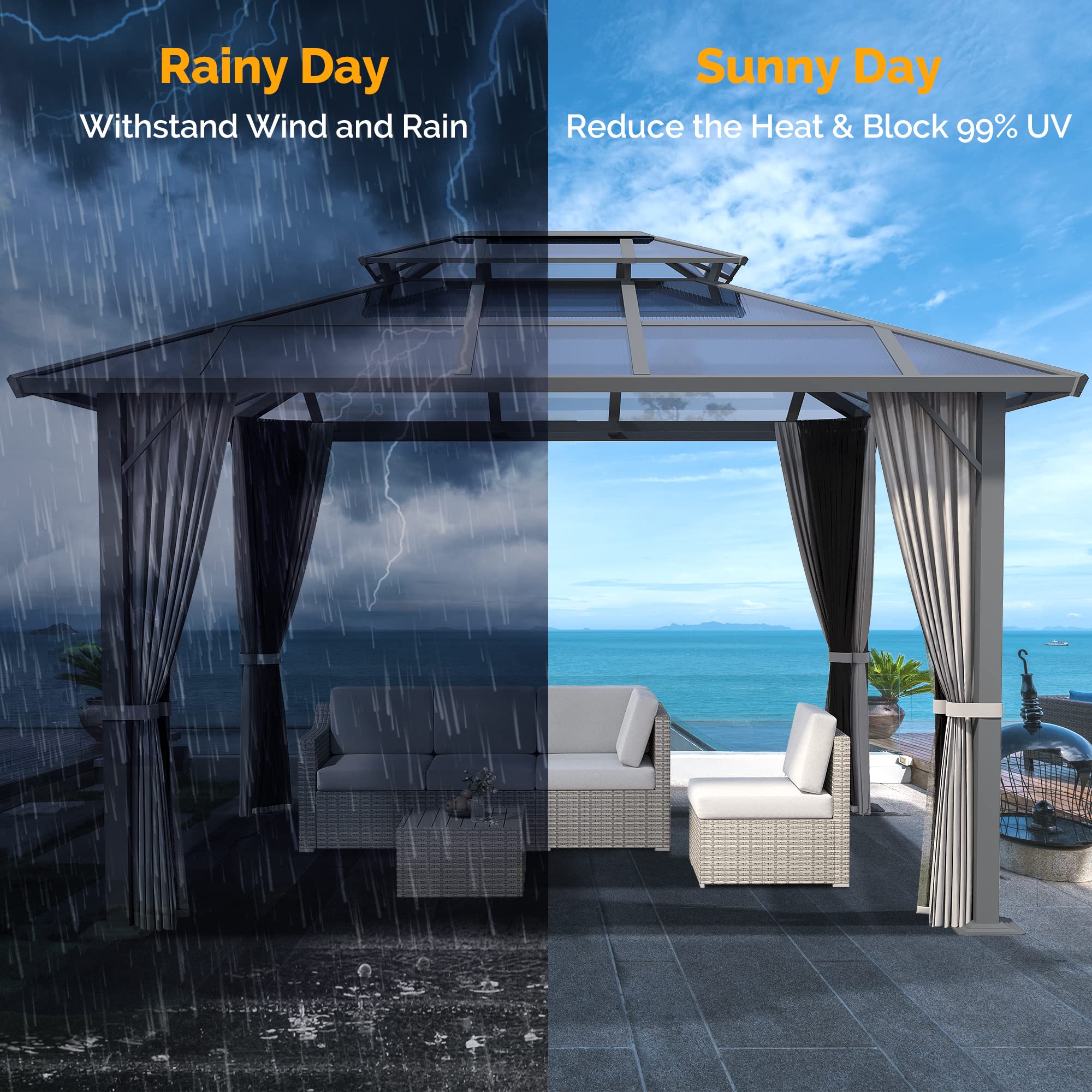 BACKYADOOR 10'x 12' Hardtop Gazebo, Outdoor Gazebo with Aluminum Frame, Double Roof Polycarbonate Gazebo with Netting and Curtains for Patio, Deck, Backyard (Gray)