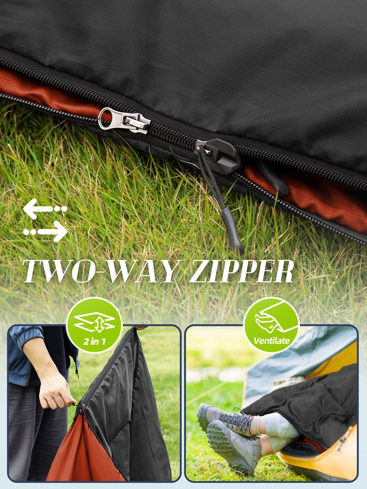 Bessport 1-2 Person Sleeping Bag, Water Repellent Camping Sleeping Bag 3 Season Warm & Cold Weather for Adults, for Hiking, Backpacking