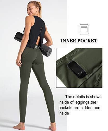 Dragon Fit High Waist Yoga Leggings with 3 Pockets,Tummy Control Workout Running 4 Way Stretch Yoga Pants (Medium, Olive Green)